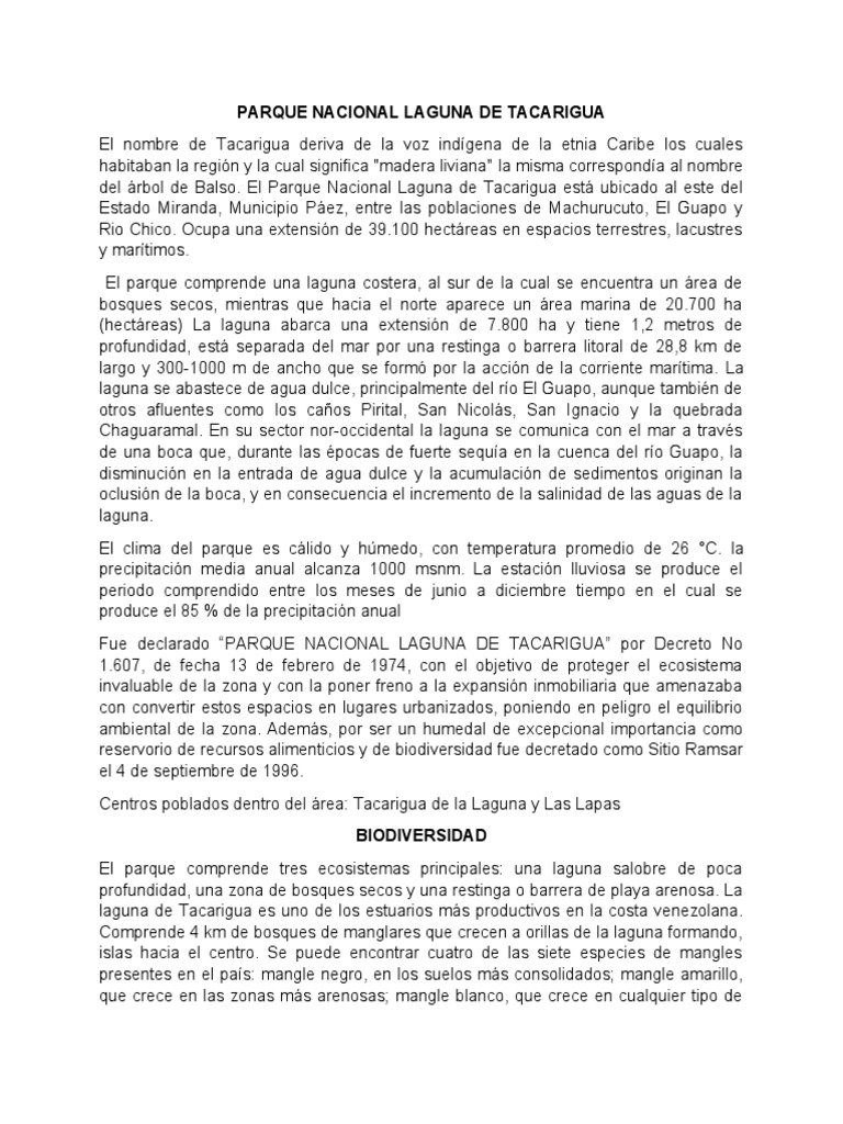 El Parque Nacional Laguna de Tacarigua INFORMACIÓN | PDF | Ciencias de ...