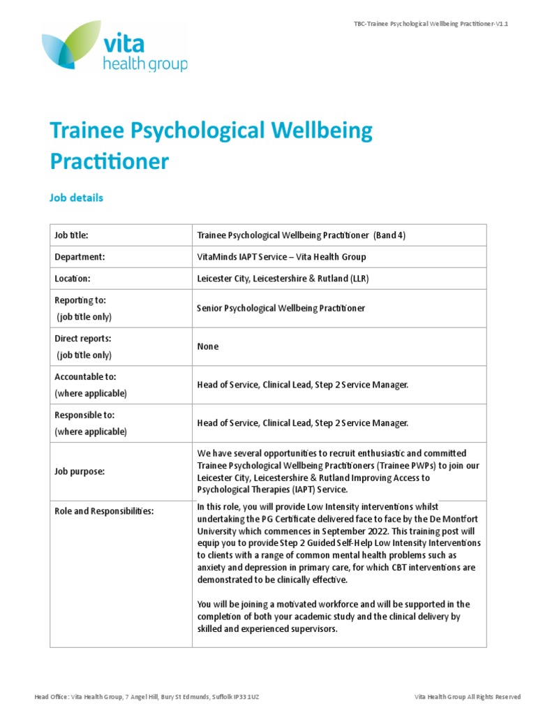 Trainee Psychological Wellbeing Practitioner: Job Details | PDF