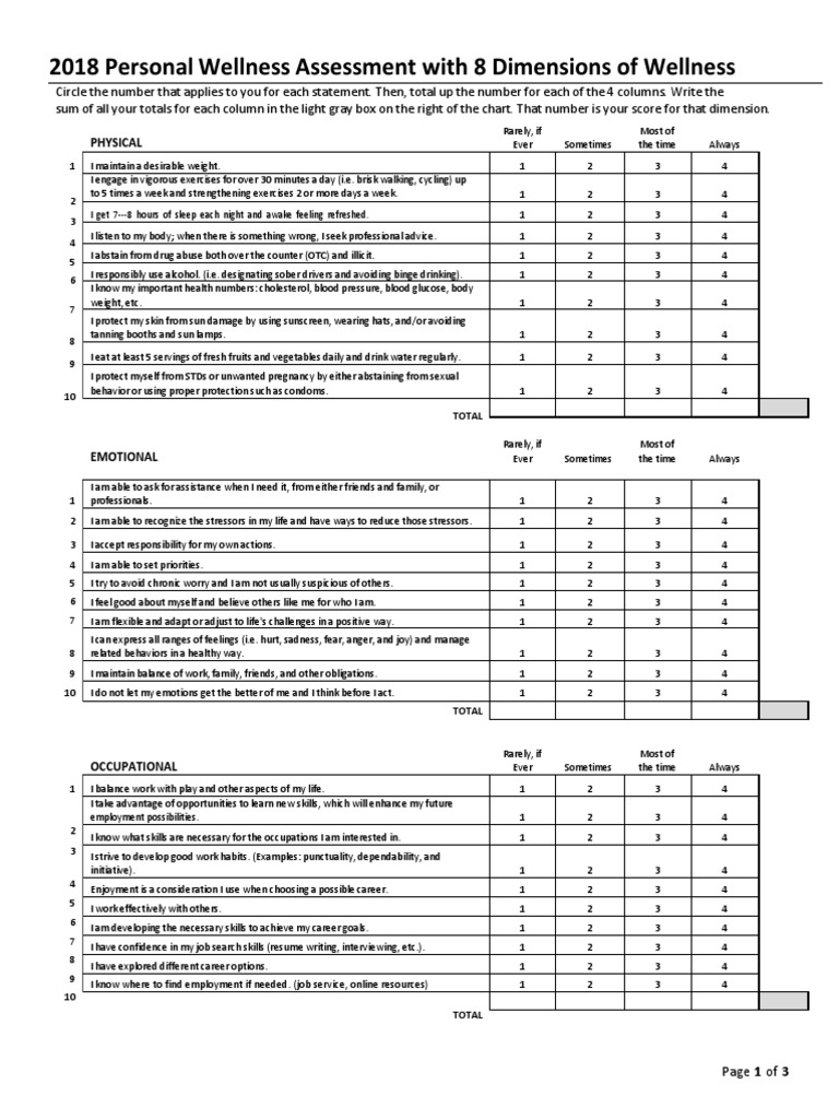 2018 Personal Wellness Assessment With 8 Dimensions of Wellness | PDF ...