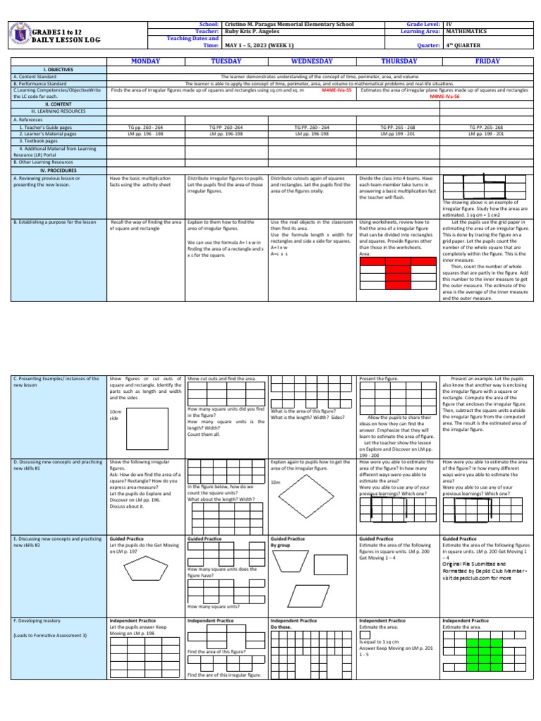 Grade 4 Math Lesson Plan: Area Calculation | PDF | Area | Learning