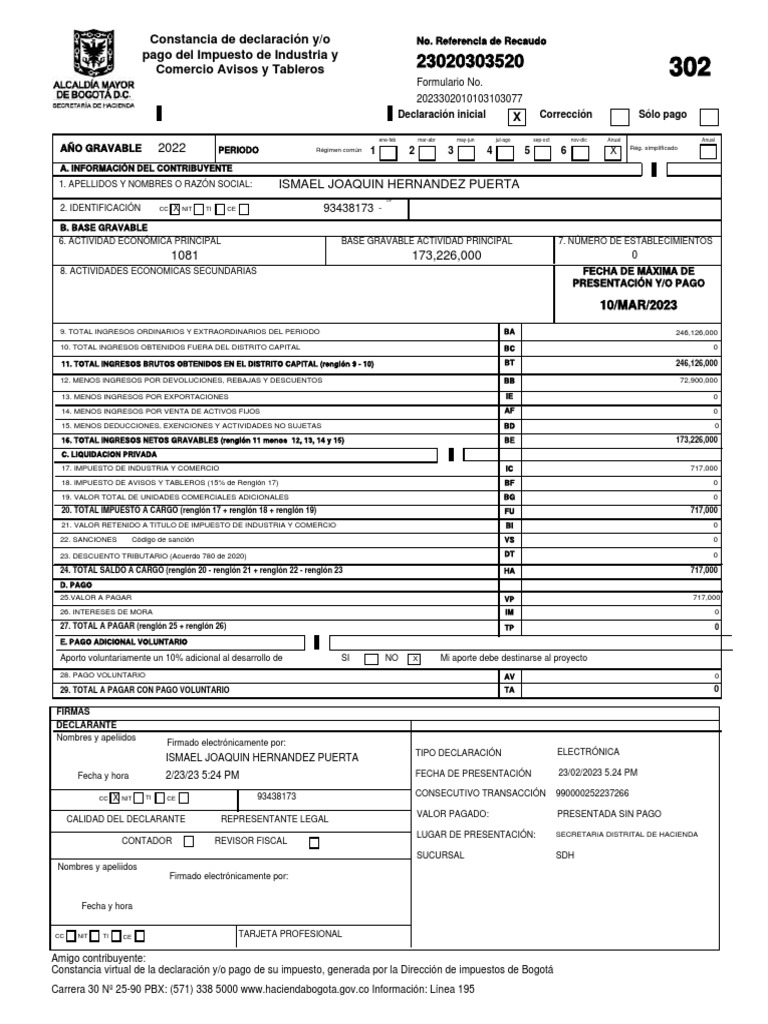 Constancia de Declaración Y/o Pago Del Impuesto de Industria y Comercio ...