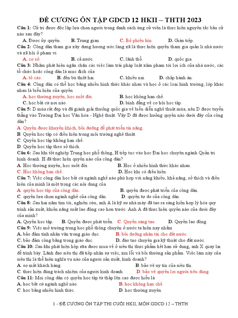 ĐỀ CƯƠNG ÔN THI HKII 12 2223 | PDF