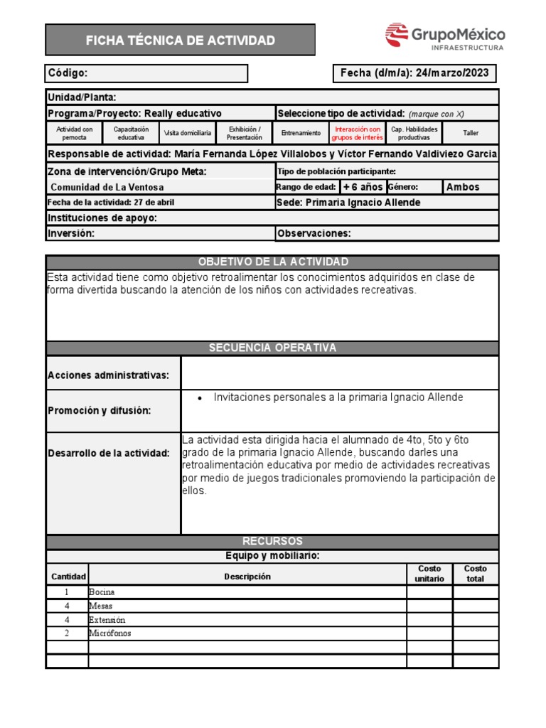 Ficha Técnica - Rally Educativo - Escuela.Primaria - Ignacio.A | PDF