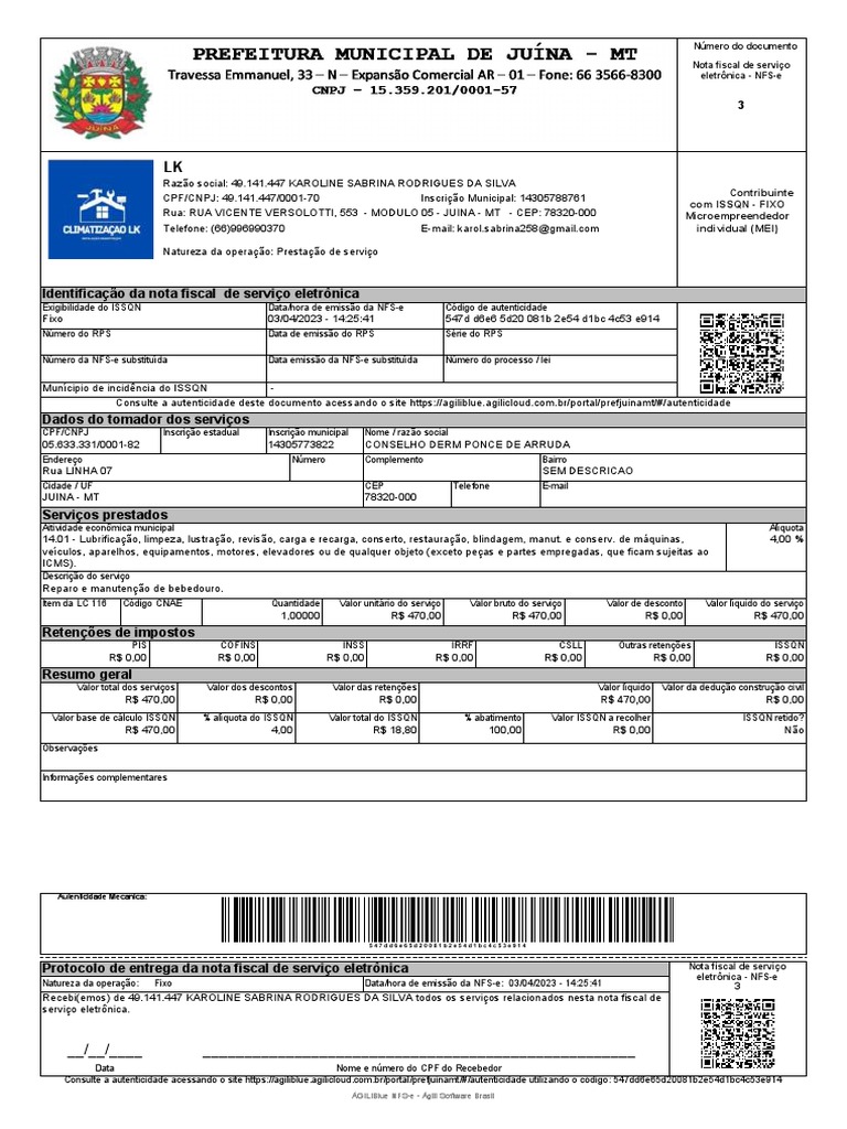 Identificação Da Nota Fiscal de Serviço Eletrônica: Contribuinte Com ...