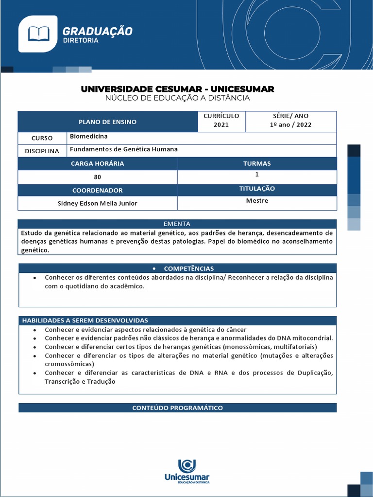 Universidade Cesumar - Unicesumar: Plano de Ensino | PDF