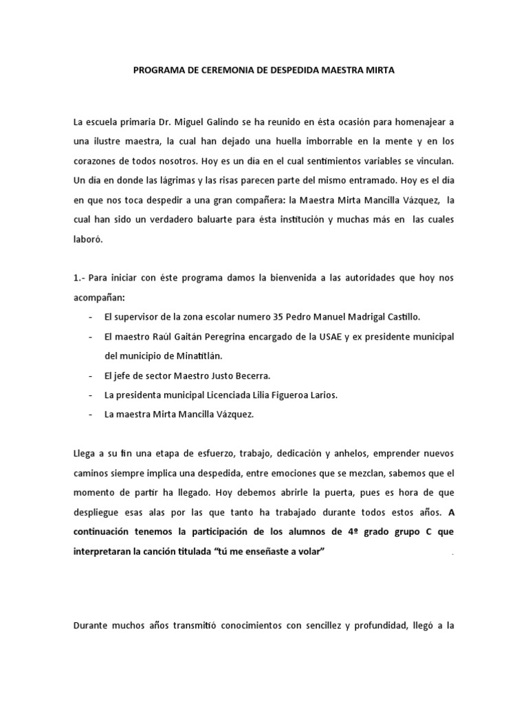 Programa de Ceremonia de Despedida Maestra Mirta | PDF