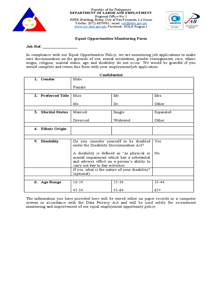 Equal Opportunities Monitoring Form | PDF