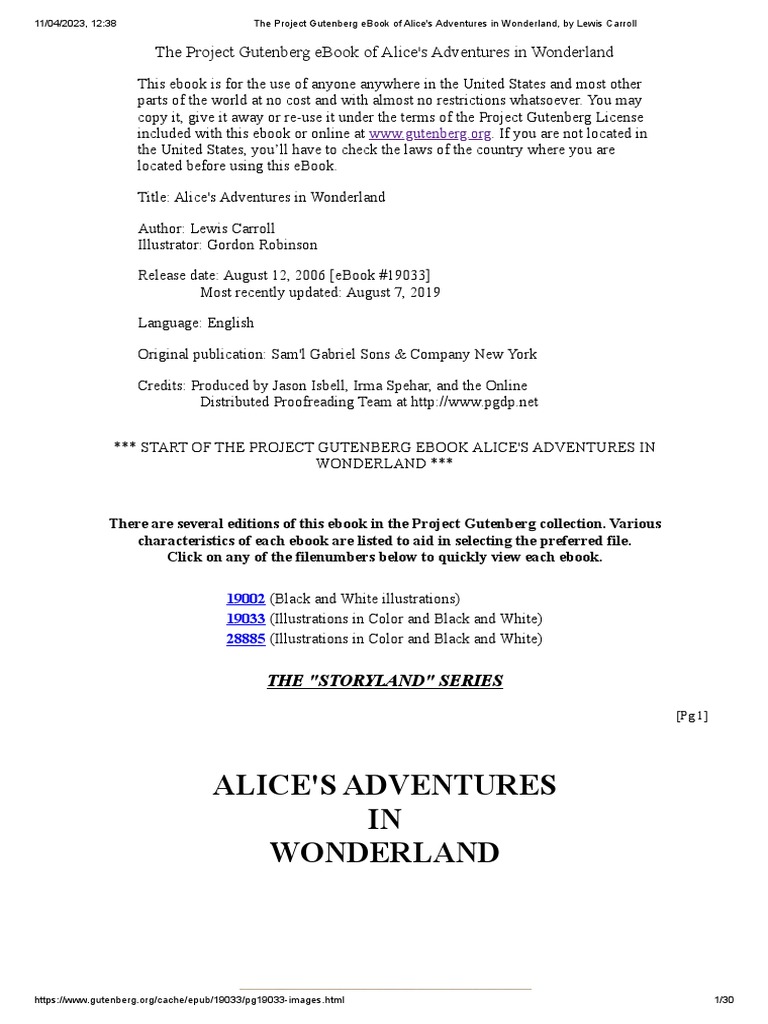 The Project Gutenberg Ebook of Alice's Adventures in Wonderland, by Lewis Carroll | PDF | Alice ...