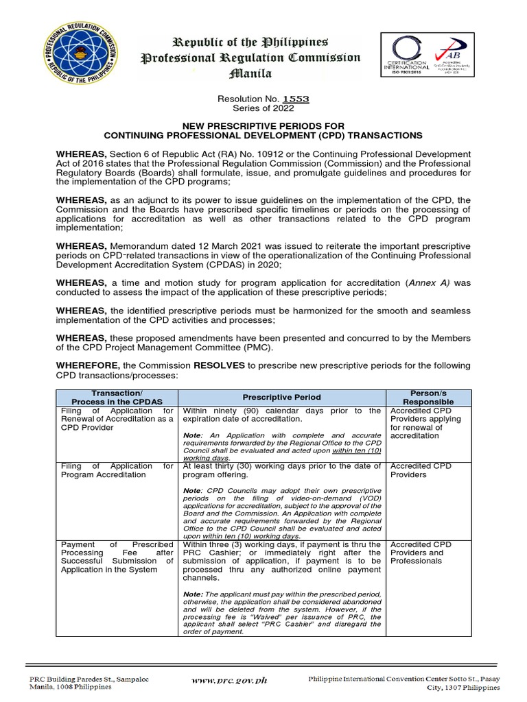 prc-2022-1553 PRESCRIPTIVE PERIODS FOR CPD TRANSACTIONS | PDF | Statute ...