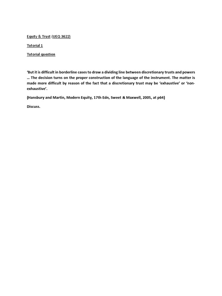 Equity & Trust (UEQ 3622) Tutorial 1 Tutorial Question | PDF