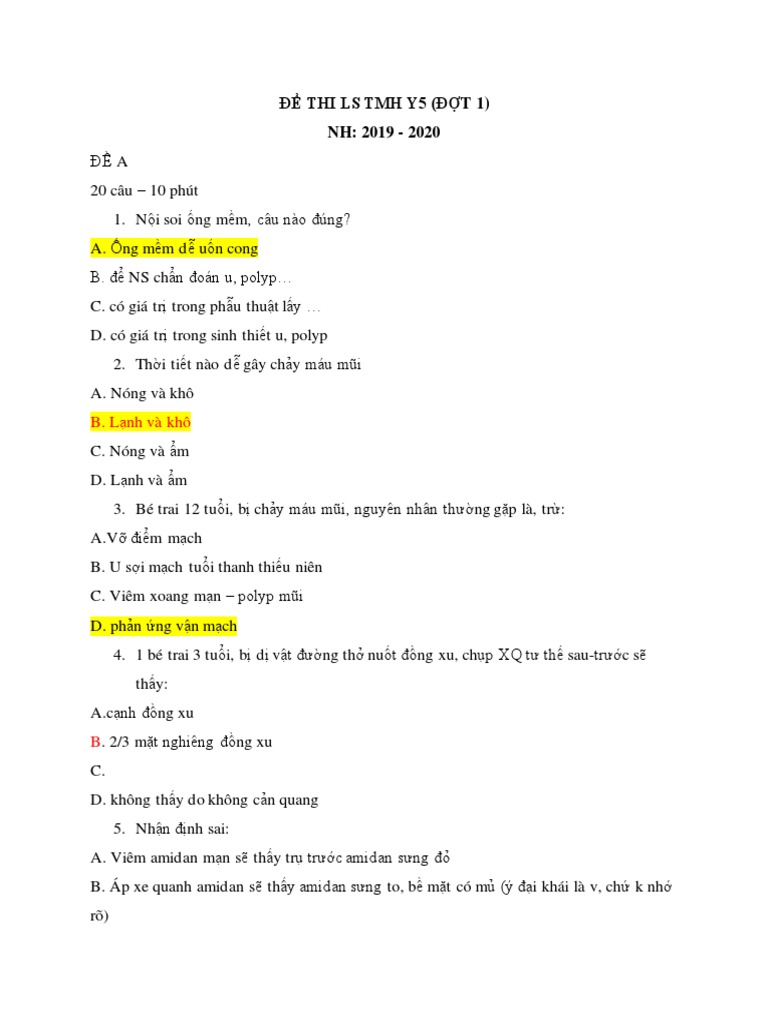 Đề Thi Ls Tmh Y5 (Đợt 1) NH: 2019 - 2020: B. Lạnh và khô | PDF