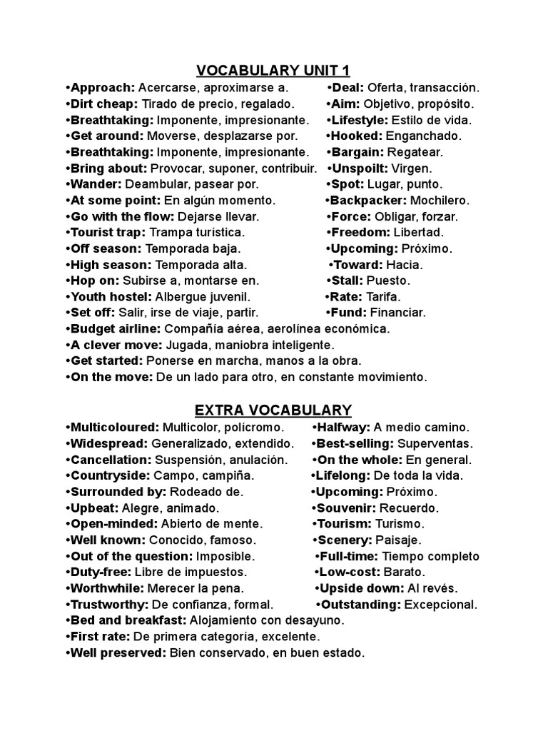 Vocabulary Unit 1 | PDF | Turismo
