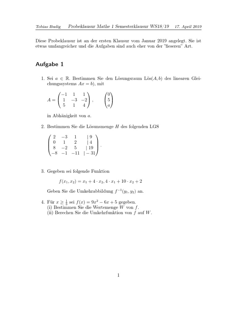 Mathe 1 Klausur | PDF