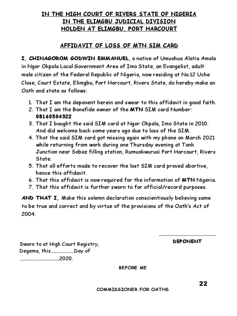 Affidavit of Loss for MTN SIM Card | PDF