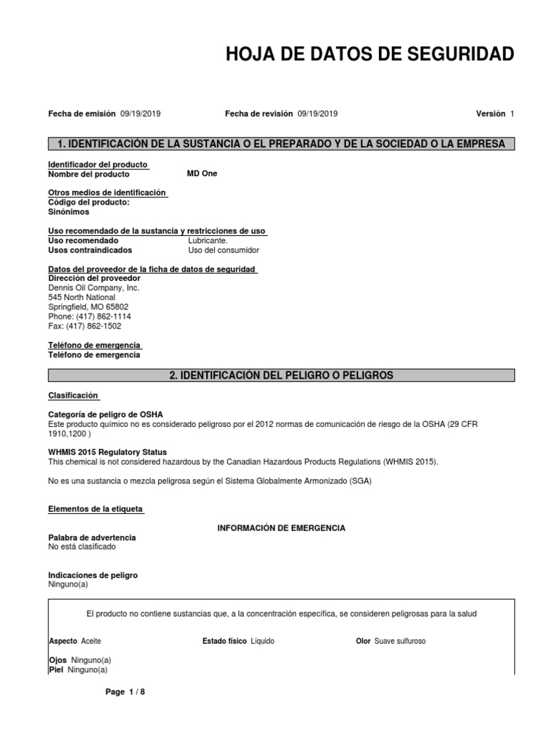 Tuthill MD One SPANISH SDS - New | PDF | Agua | Toxicidad