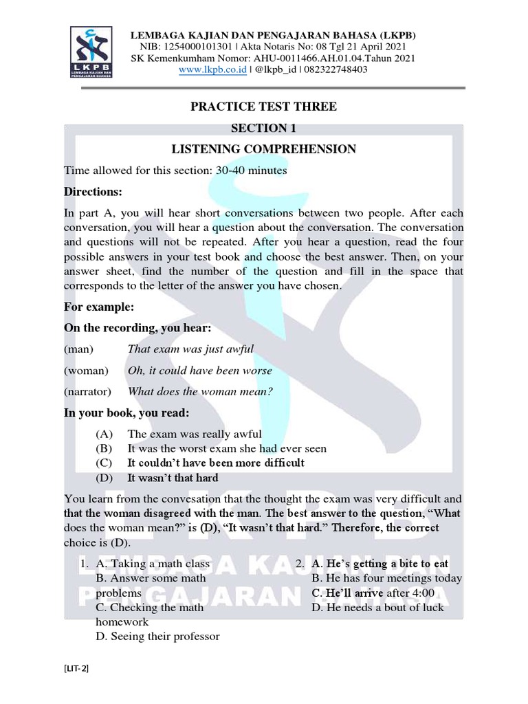 Practice Test Three Section 1 Listening Comprehension | PDF | Human ...