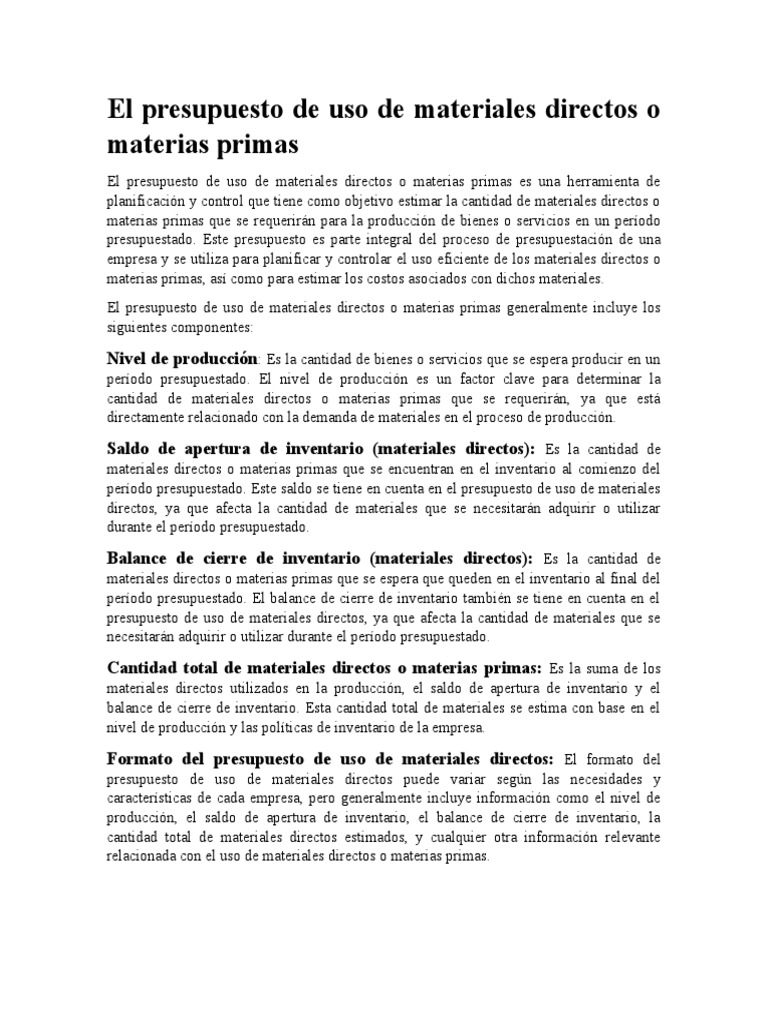 El Presupuesto de Uso de Materiales Directos o Materias Primas | PDF