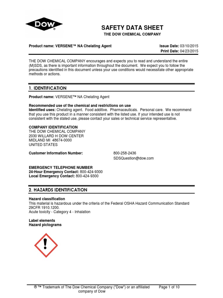Versene NA Chelating Agent - Dow - 2015-03-10 | PDF