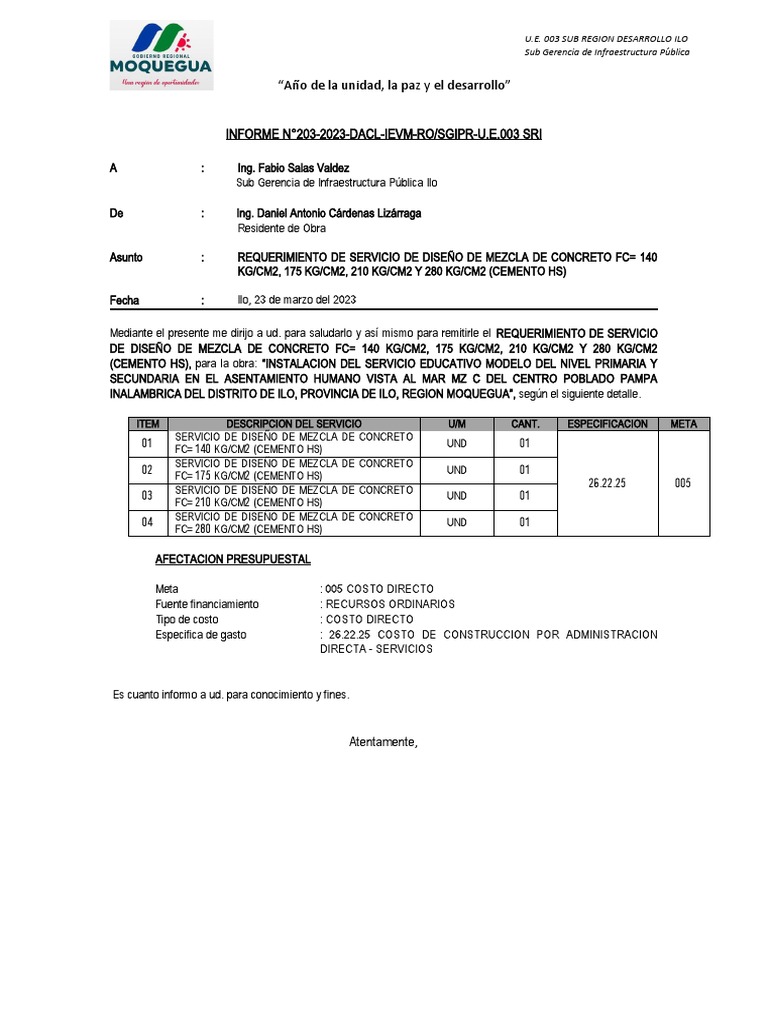 Inf N°203 - Serv. Diseño de Mezcla de Concreto RV 01 | PDF | Hormigón