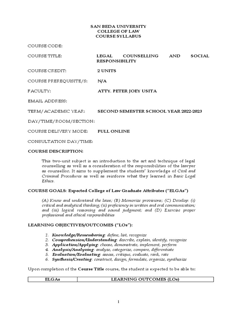 LegCoun Syllabus 2022-2023 | PDF | Lawyer | Practice Of Law