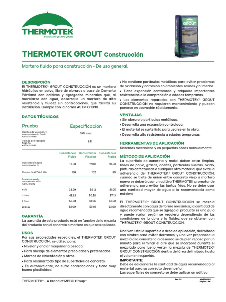 THK MX GROUT Construccion 1 | PDF | Hormigón | Mortero (Albañilería)