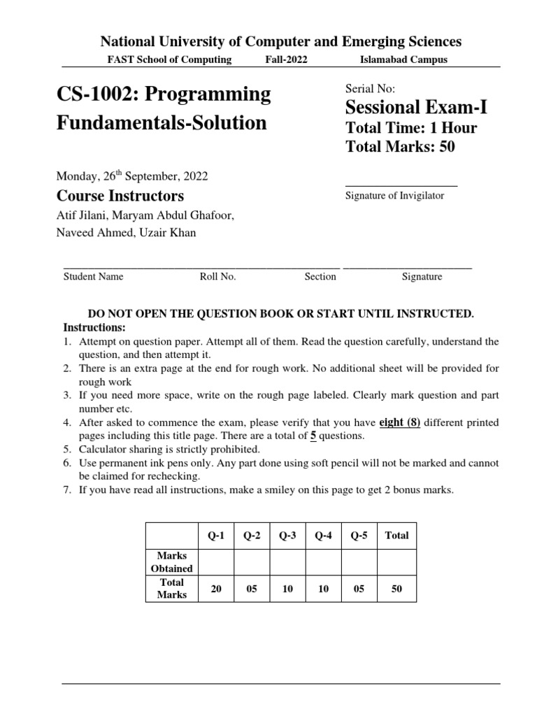Sessional Exam Paper Fall 2022 Solution | PDF | Namespace | Control Flow Sessional Exam Paper Fall 2022 Solution | PDF | Namespace | Control Flow