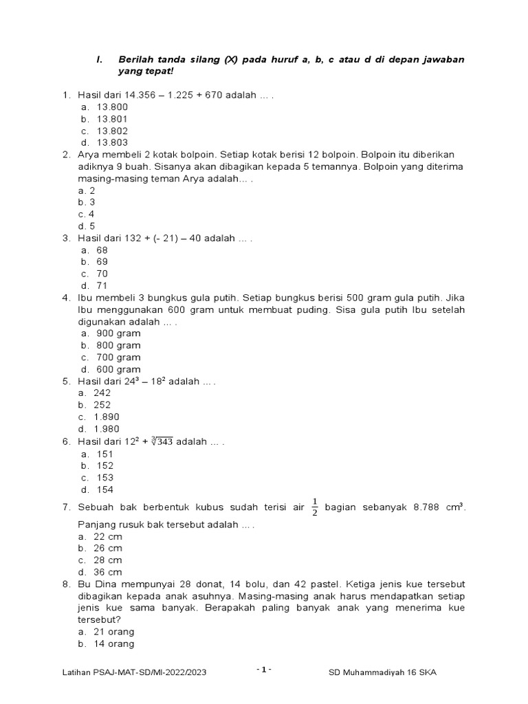 Soal Persiapan Lat Ujian Matematika | PDF