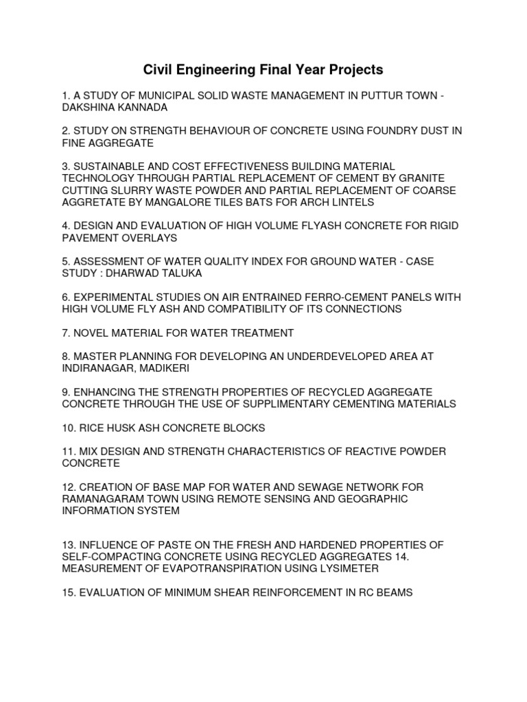 Civil Engineering Final Year Projects List | PDF | Masonry | Fly Ash