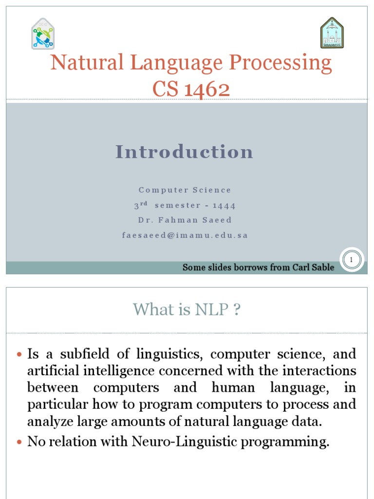 Natural Language Processing CS 1462: Some Slides Borrows From Carl Sable | PDF | Part Of Speech ...