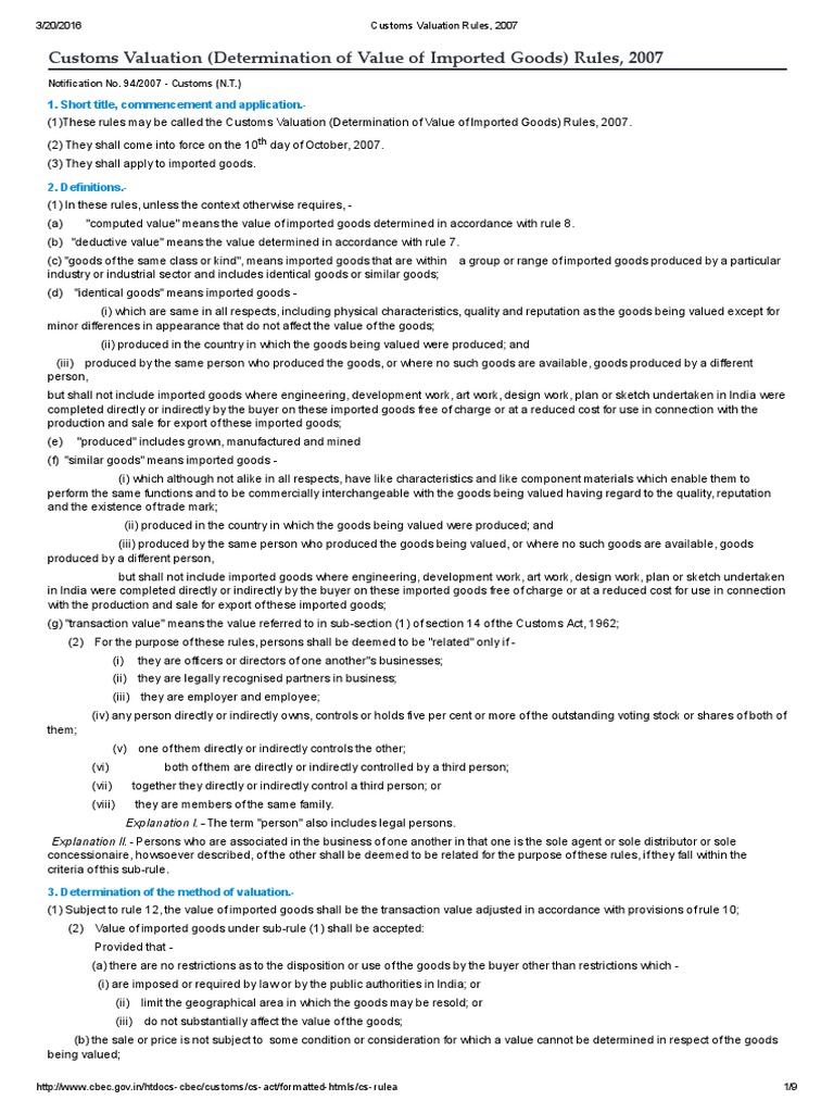 Customs Valuation Rules 2007 | PDF | Prices | Sales