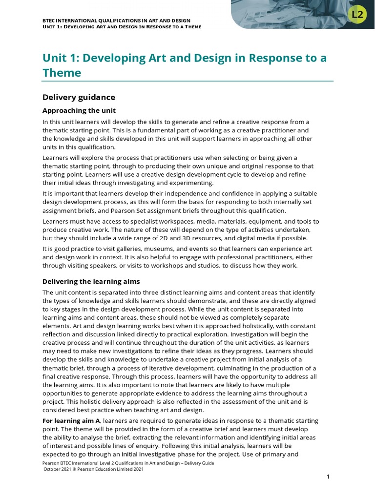 Unit 1 Delivery Guide Btec Int l2 in Art and Design | PDF | Learning ...