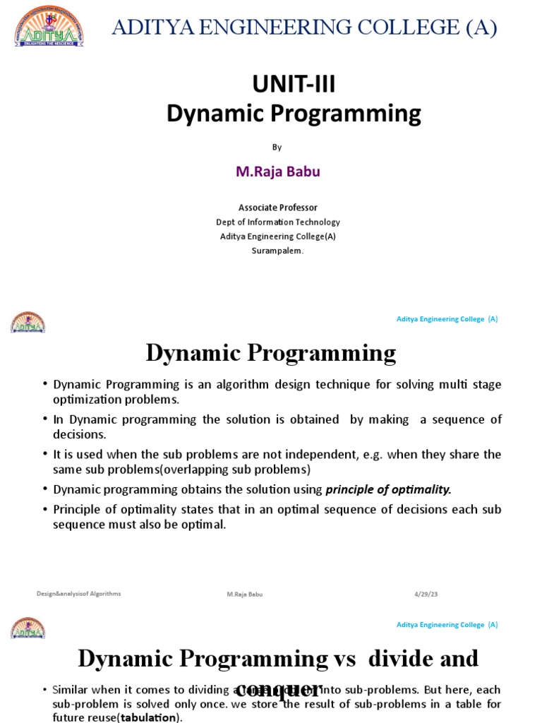 Aditya Engineering College (A) : Unit-Iii Dynamic Programming | PDF ...