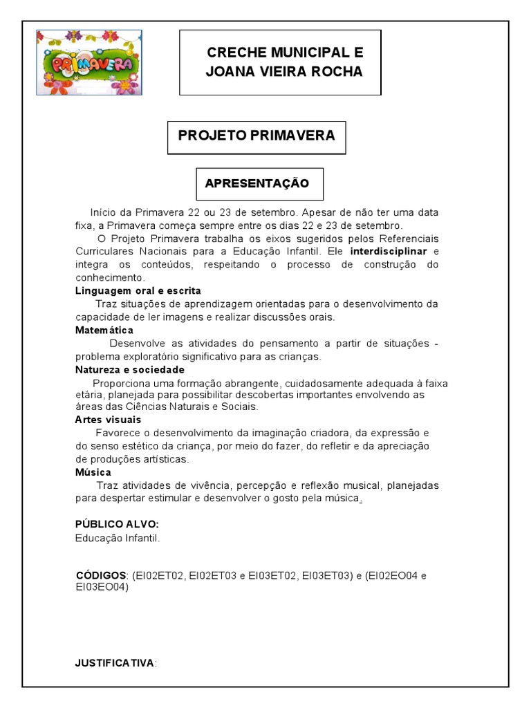 Projeto Primavera | Download grátis PDF | Percepção | Pré-escola