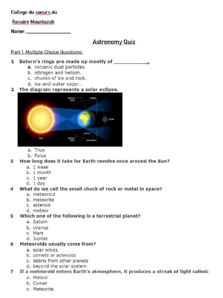 Astronomy Quiz | PDF