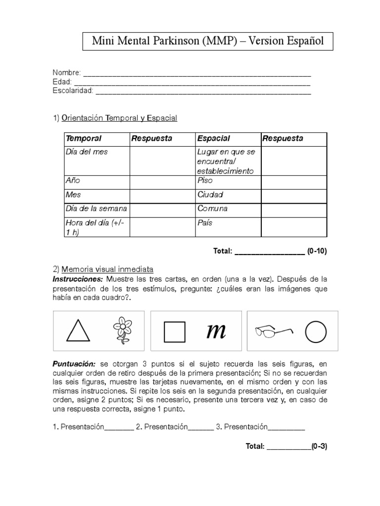 Minimental Parkinson MMP Terapia Ocupacional | PDF | Psicología ...