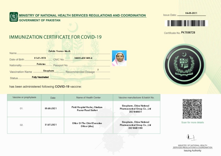 Pakistan COVID Vaccination Certificate | PDF
