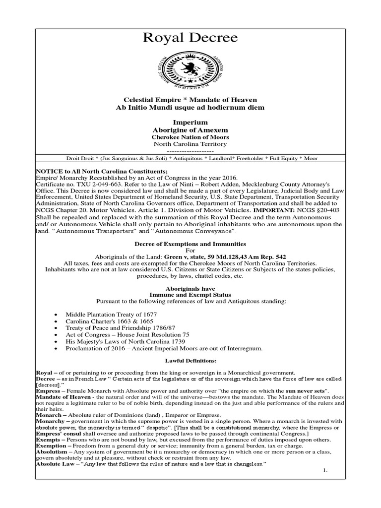 DMV Royal Decree 5pgs1 | PDF | Monarchy | Sovereign Immunity