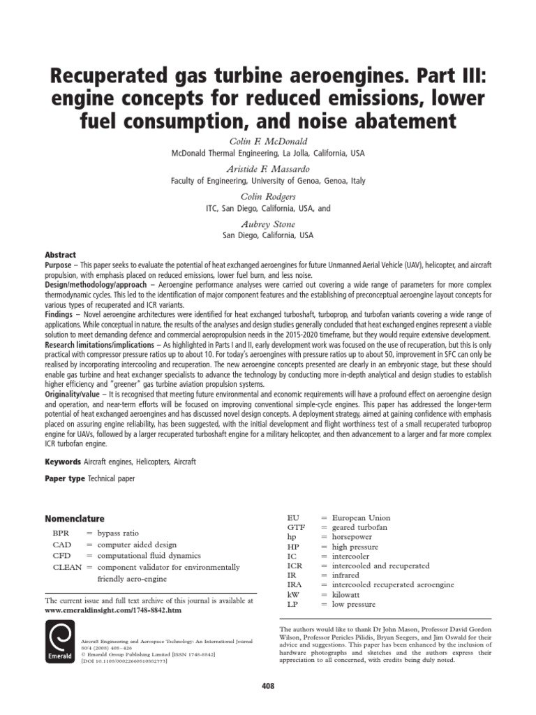 Recuperated Gas Turbine Aeroengines. Part III: Engine Concepts For Reduced Emissions, Lower Fuel ...