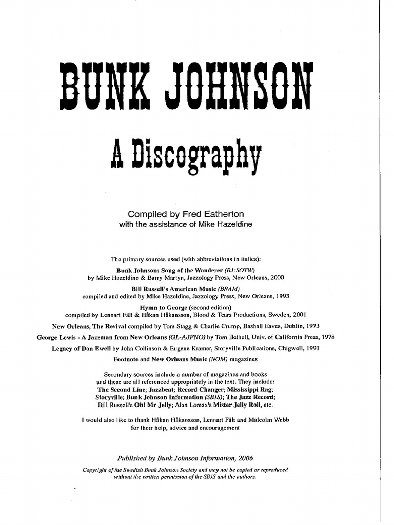 Bunk Johnson Discography | PDF
