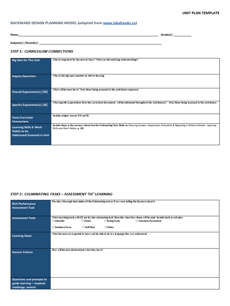 Unit Plan Template | PDF | Learning | Cognitive Psychology