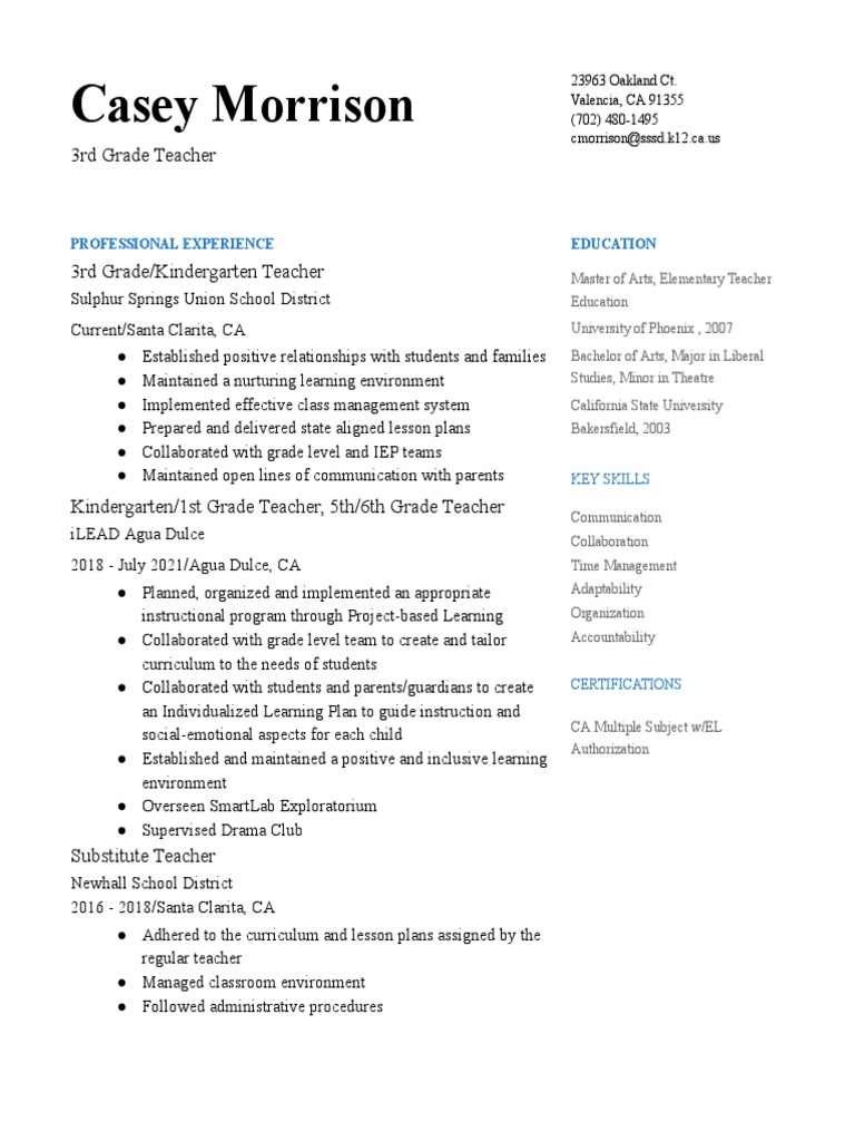 Casey Morrison Resume | Download Free PDF | Teachers | Educational Stages