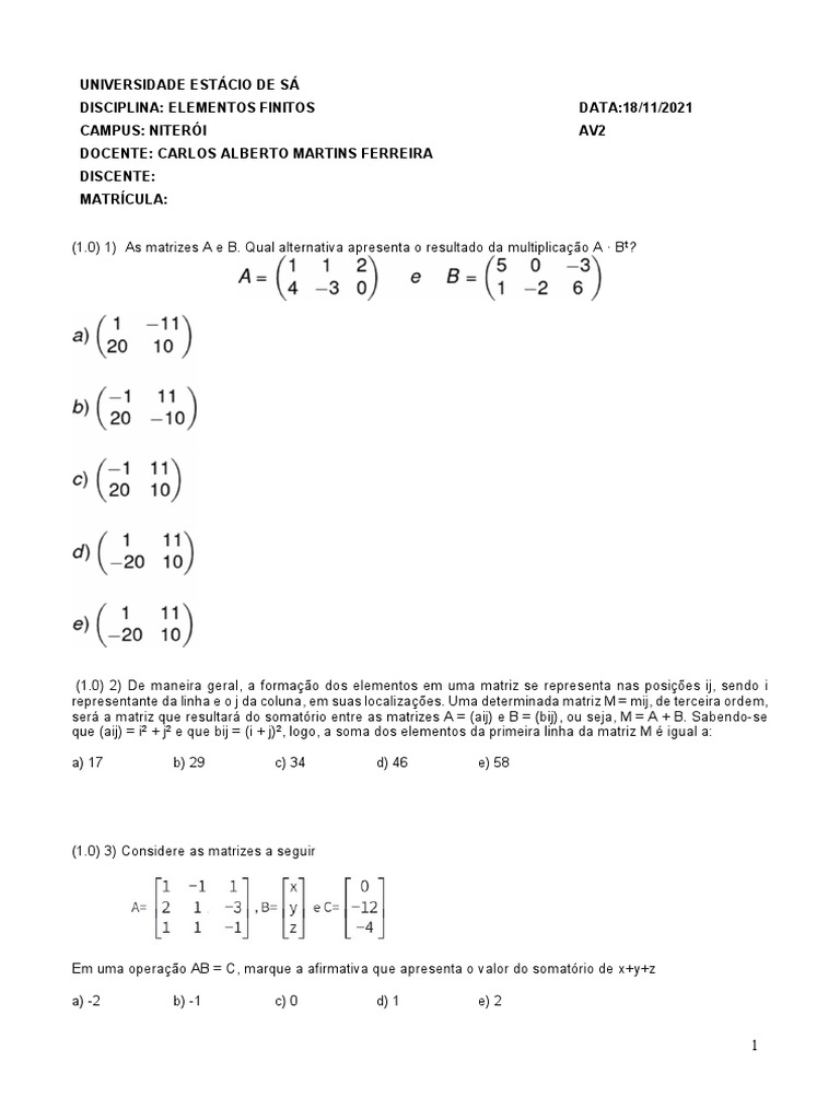 AV2 - Elementos Finitos 1 | PDF | Matriz (Matemática) | Matemática