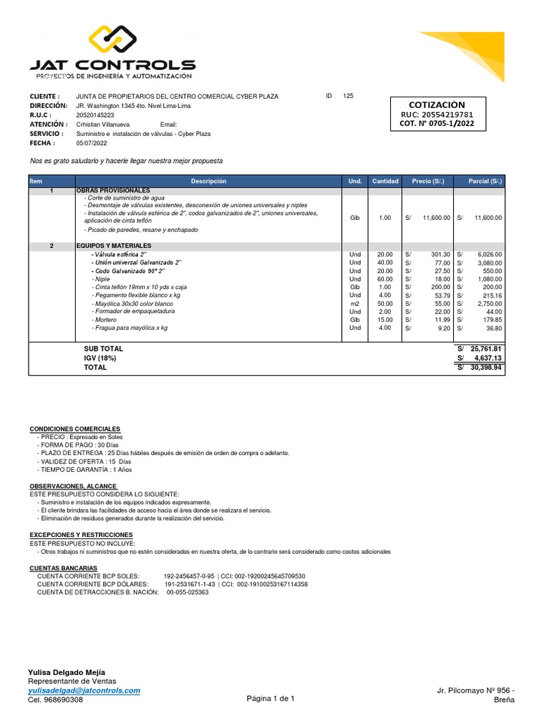 Cotización #0705-1-2022 - Suministro e Instalación de Válvulas - Cyber Plaza | PDF