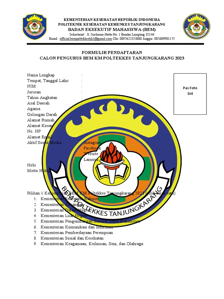 Formulir Pendaftaran Bem 2023 | PDF