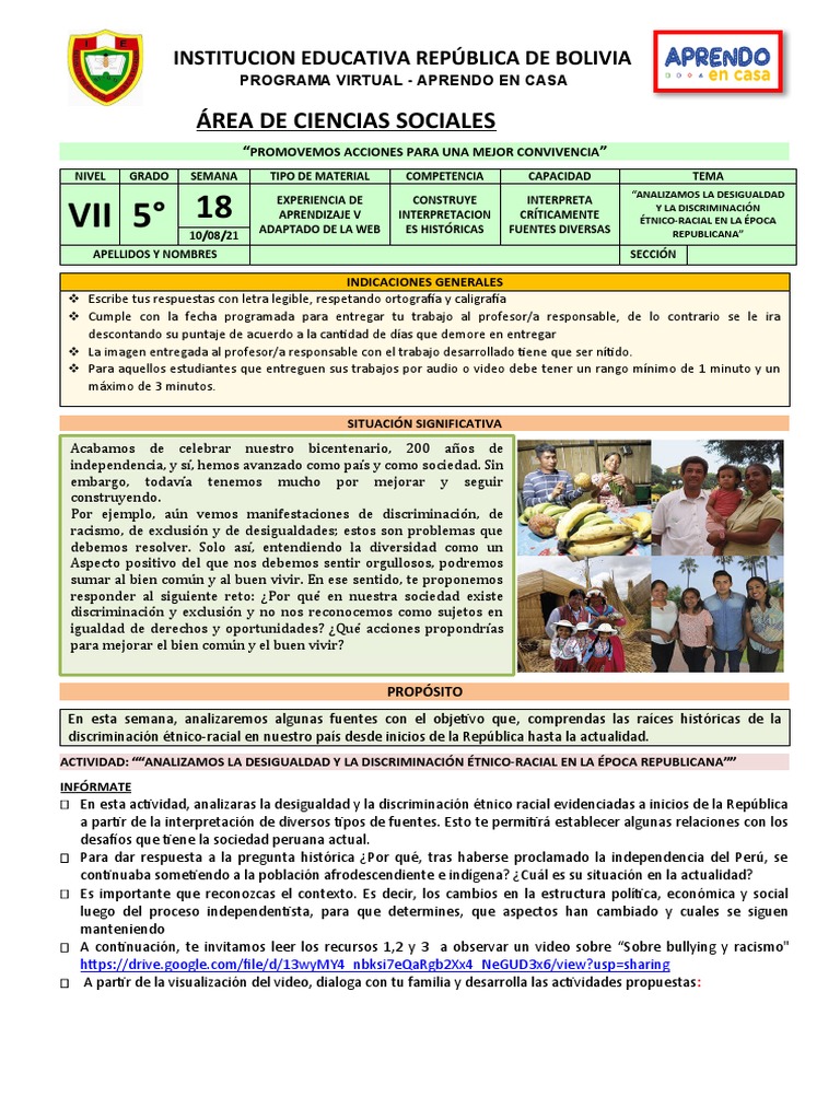Ficha de Actvidades CCSS Semana 18 Ciclo Vii - 5to Año | Descargar gratis PDF | Desigualdad ...