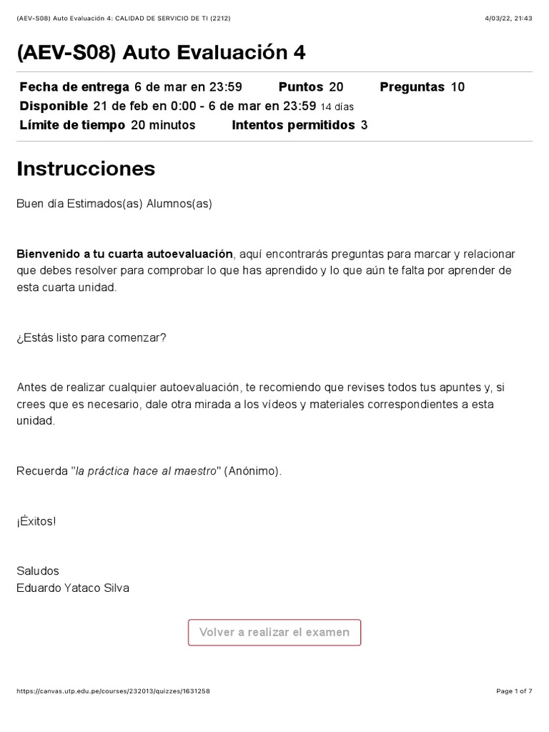 (AEV-S08) Auto Evaluación 4: CALIDAD DE SERVICIO DE TI (2212) | PDF | Itil | Cobit