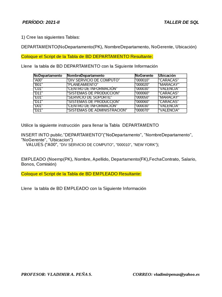 Período: 2021-Ii Taller de SQL: Nodepartamento Nombredepartamento Nogerente Ubicación | PDF ...