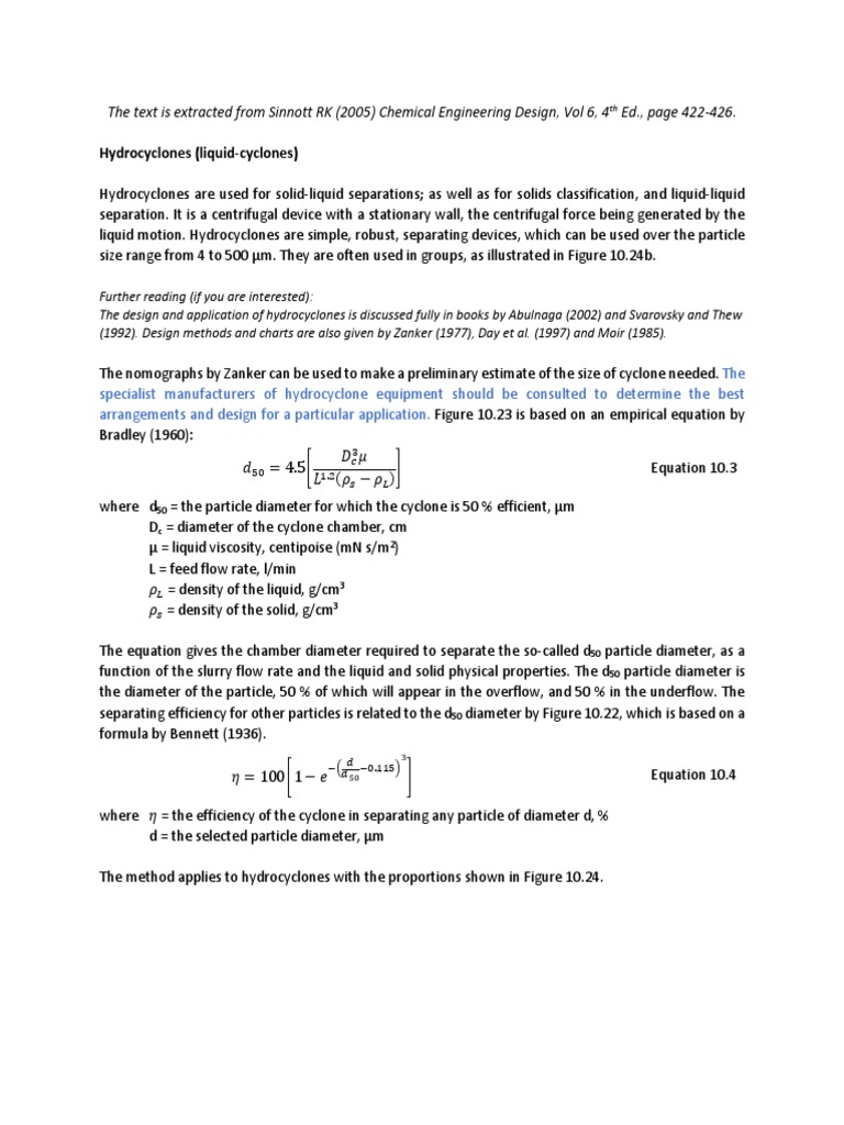 Sizing Hydrocyclones for Solid-Liquid Separation Based on Desired Particle Size, Slurry Flow ...