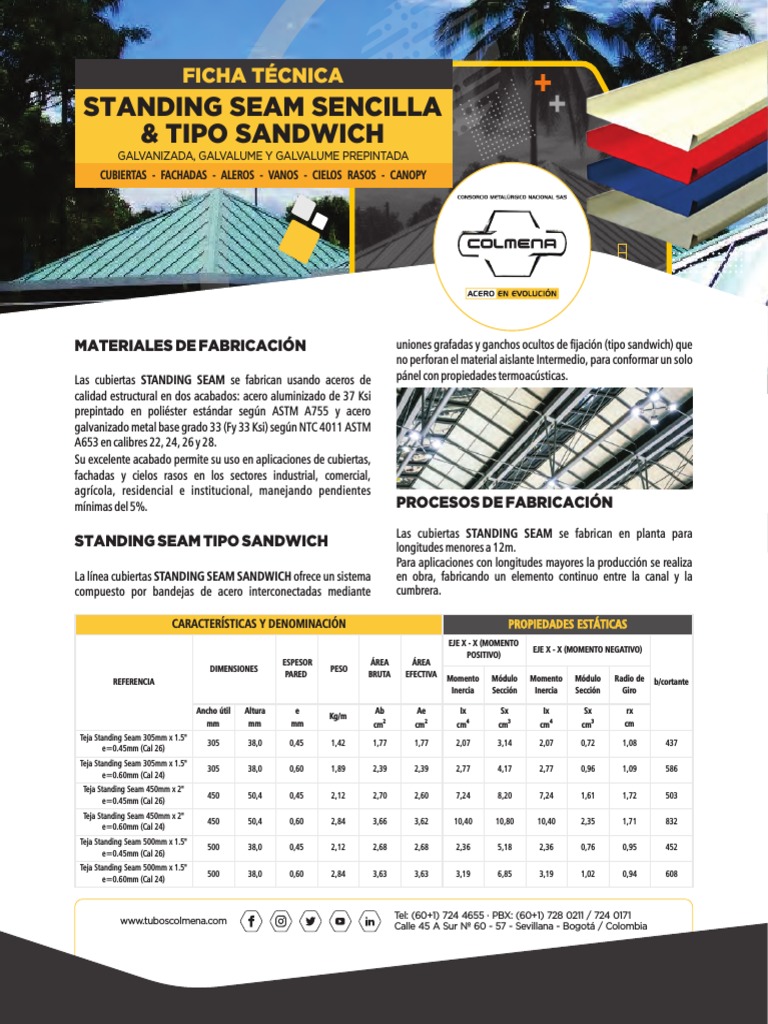 Standing Seam Ficha Tecnica Tubos Colmena Pdf Acero Sector