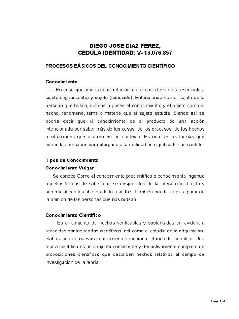 Diego Diaz-Ensayo Porcesos Basicos de Conocimiento Cientifico | PDF